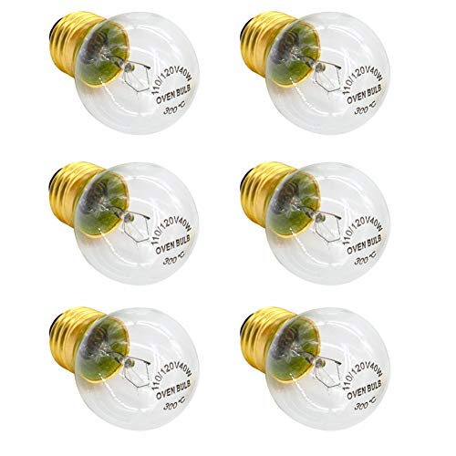 haraqi 6 Pack E27 E26 G45 120 Volt 40 Watt Oven Bulb, High Temperature 300 Degree Resistant Incandescent Bulbs,Brass Base Clear Glass Oven Bulb