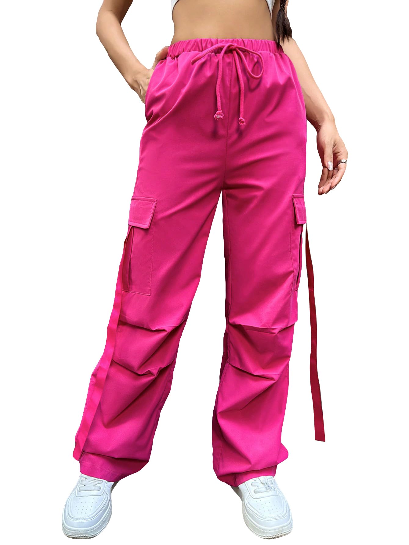 GORGLITTER Women's Drawstring Cargo Pants Flap Pocket High Elastic Waisted Baggy Pants Trousers Hot Pink Medium