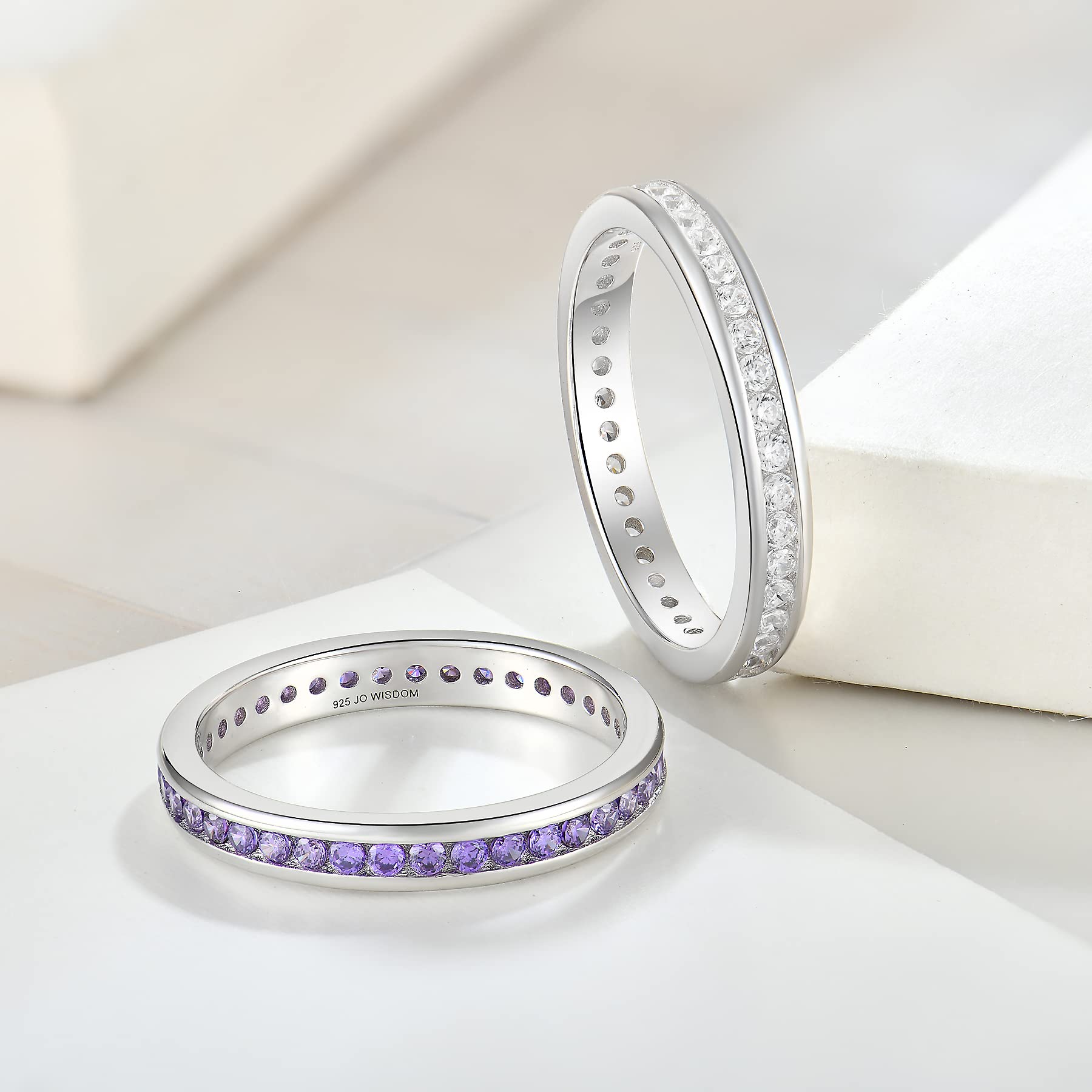 JO WISDOM 925 Sterling Silver Wedding Band Cubic Zirconia Eternity Stackable Engagement Ring Size 9,February Birthstone Amethyst Color