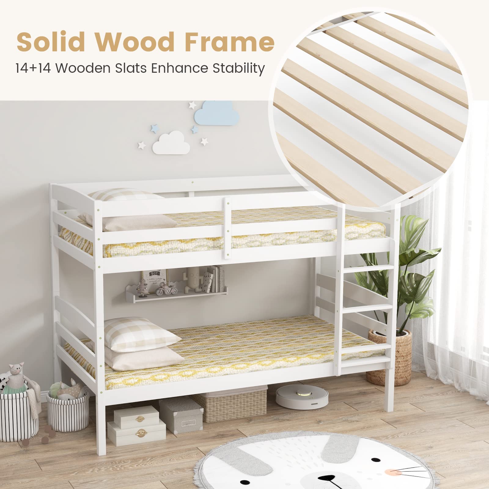 Giantex Bunk Bed Twin Over Twin, Solid Wood Detachable Bed Frame with High Guardrails & Integrated Ladder, Wooden Slatted Bunk Bed for Kids & Teens, No Box Spring Needed, White