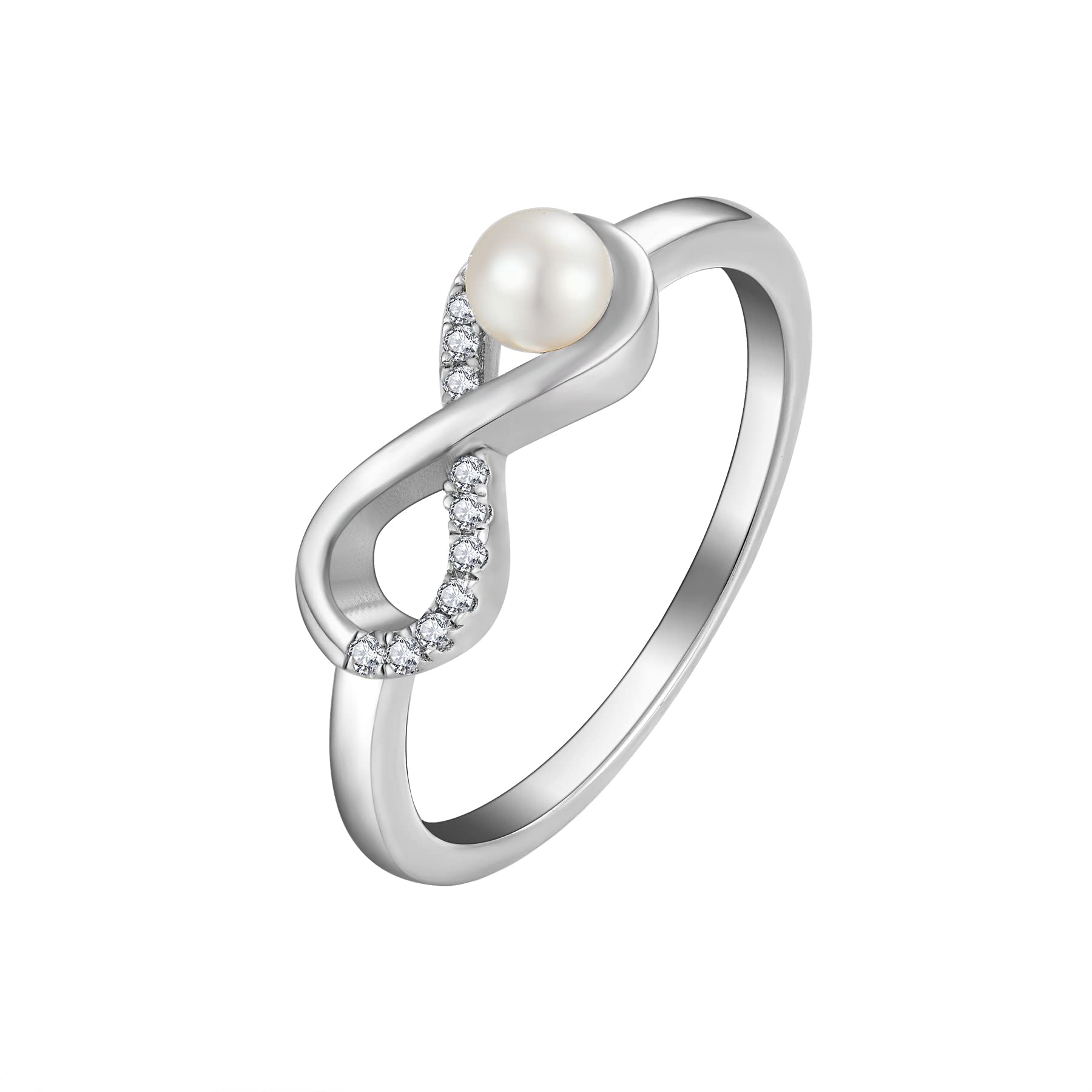 JO WISDOM Women Pearl Ring,925 Sterling Silver Cubic Zirconia Infinity Pearl Ring with 4mm Small Freshwater Cultured Pearl Ring size 6
