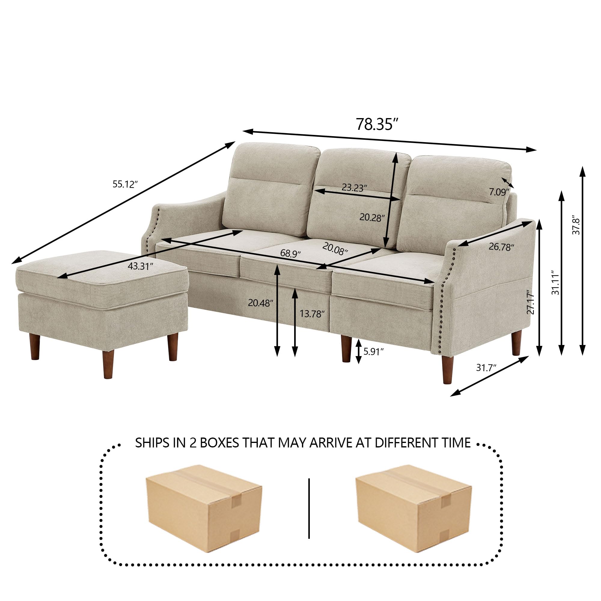 Soscana Convertible Sectional Sofa, Modern Microfiber L-Shaped Couch with Ottoman and Storage Pocket, 3 Seat Couches Sofa for Living Room, Apartment and Small Space