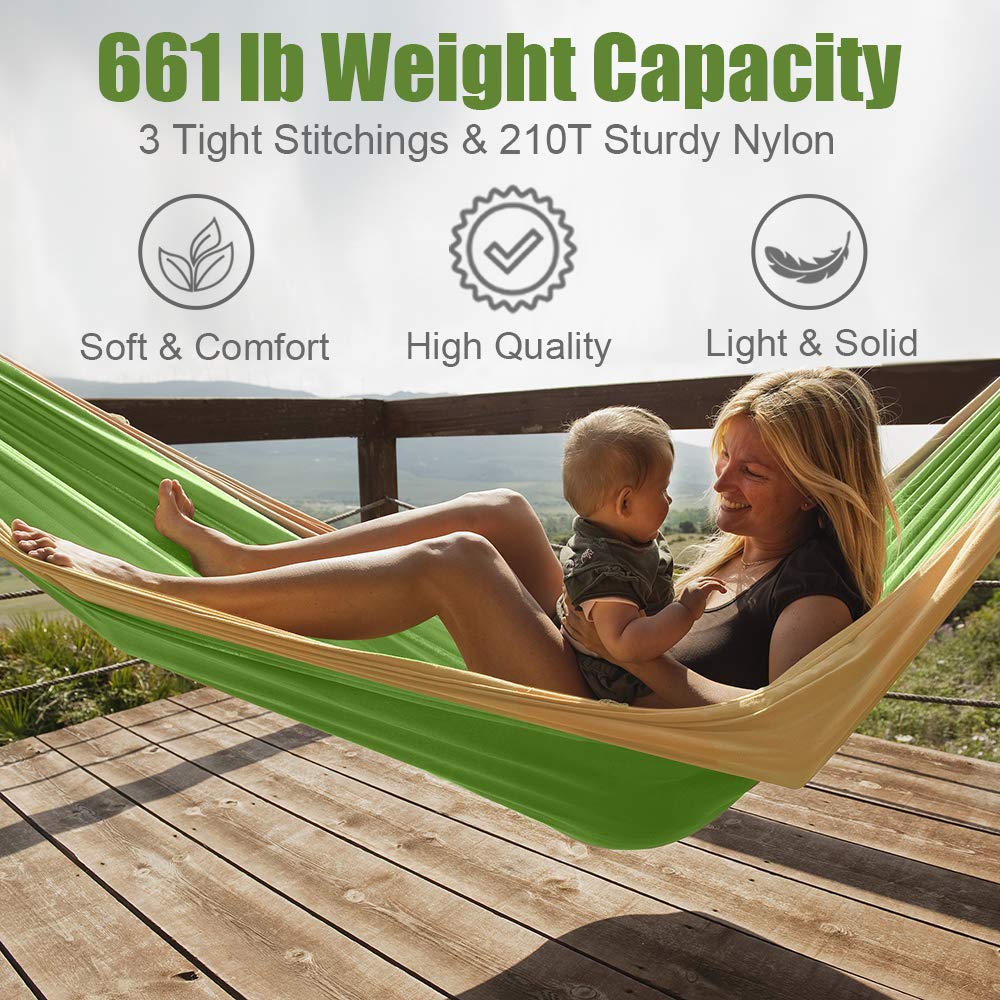 Hinastar Camping Hammock for Outside, Double&Single Portable Hammock with 2 Tree Straps, Parachute Lightweight Nylon Hammocks for Outdoor, Backpacking, Travel, Camping, Hiking(Green & Khaki)