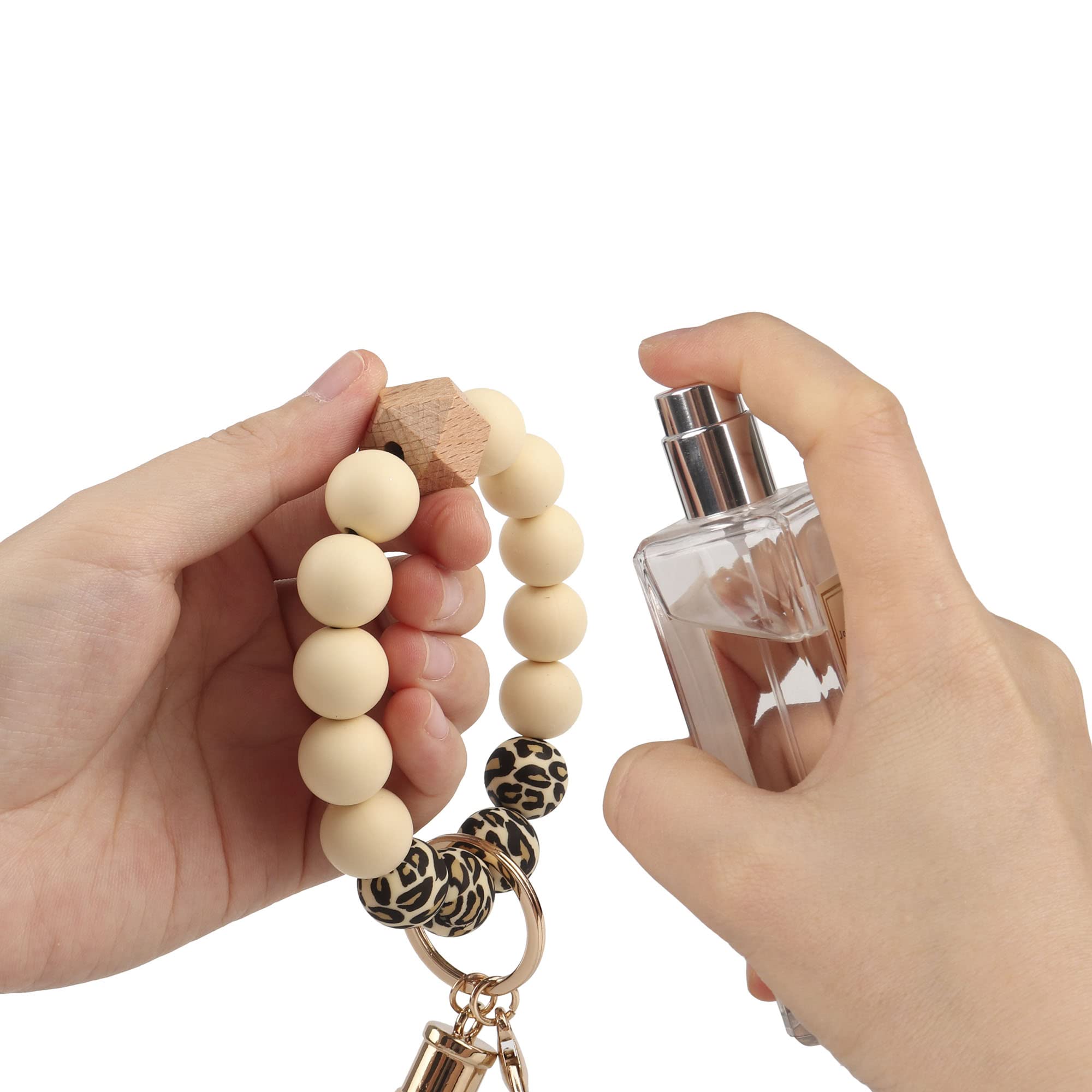 Guran Silicone Beaded Key Ring Bracelet Wallet with Card Holder, Purse Tassel Elastic Keychain Wristlet, Keyring Bangle for Womens (White)