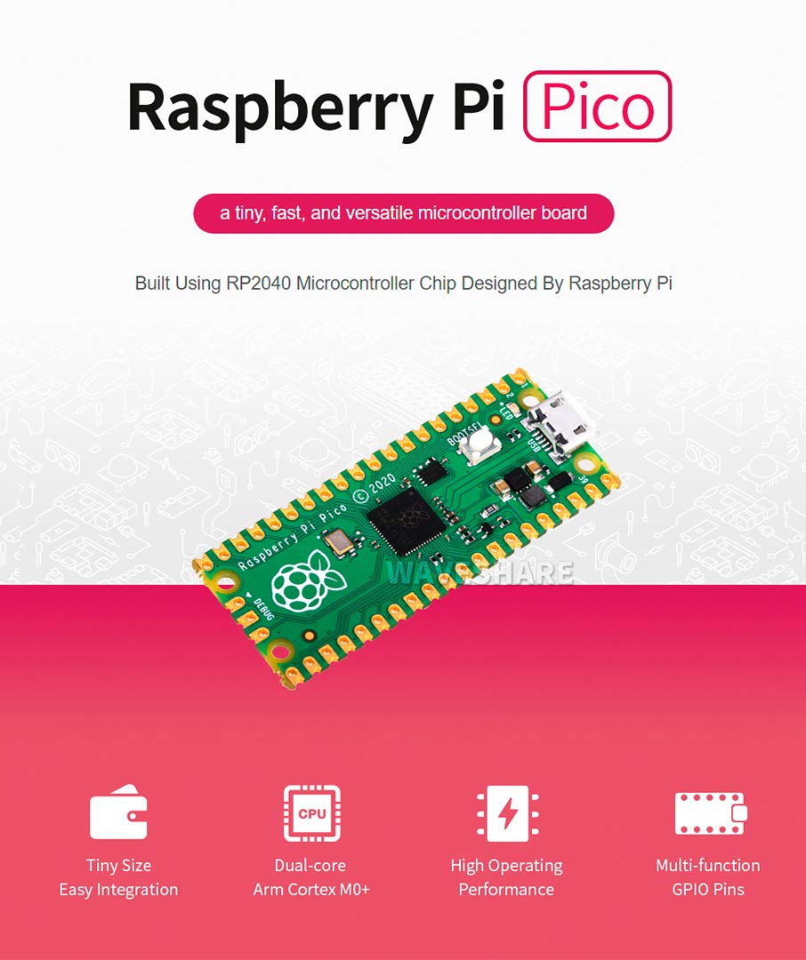 waveshare with Yellow Pre-Soldered Header Raspberry Pi Pico Microcontroller Board, RP2040 Chip,Dual-Core ARM Cortex M0+ Processor, Flexible Clock Running up to 133 MHz Support C/C++,MicroPython