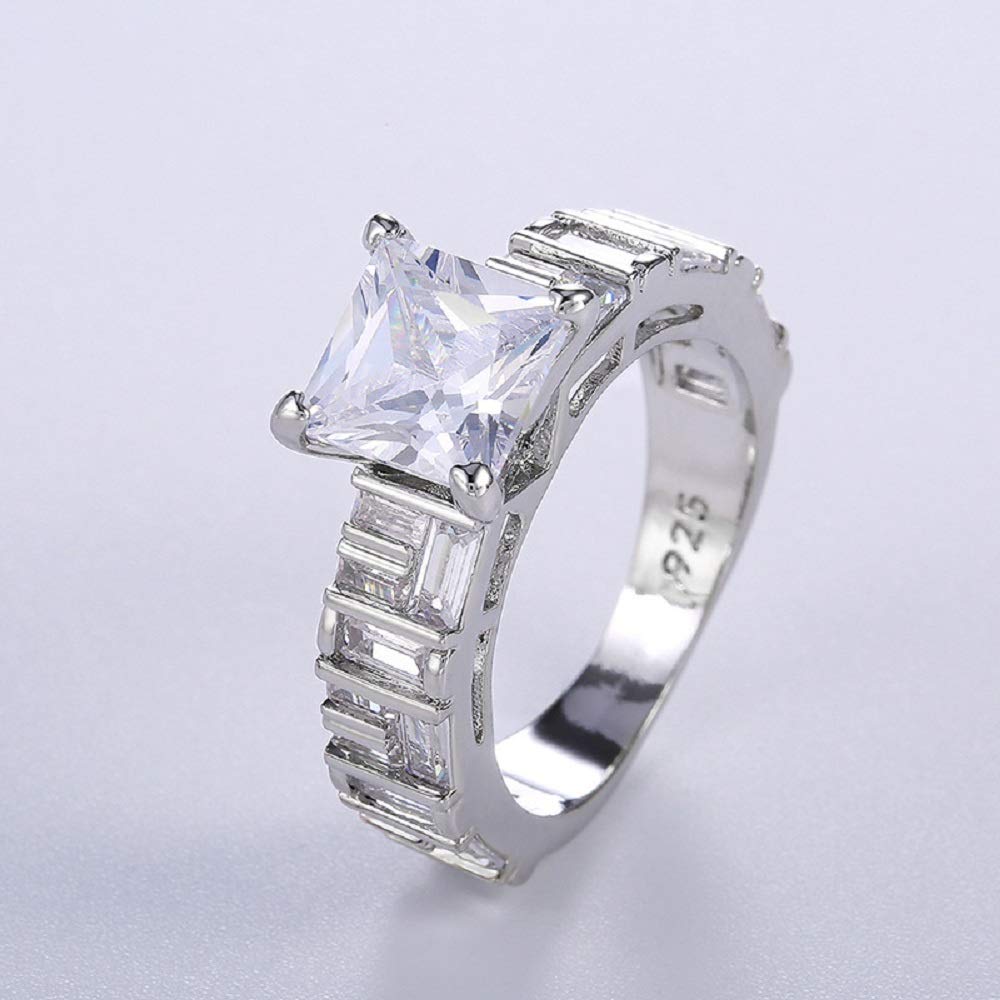 GUIDECUN Princess Cut Simulated Diamond Ring, French Baguette Emerald Cut Side StoneCubic Zirconia Stone Promise Engagement Ring for Women (US Size 6)