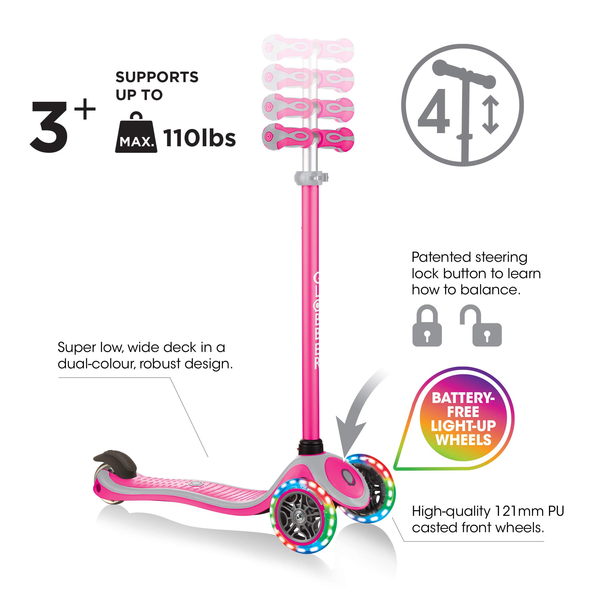 Globber 442-110 V2 3-Wheel Kids Kick Scooter with LED Light Up Wheels and Adjustable Height and Comfortable Grips for Boys and Girls, Pink