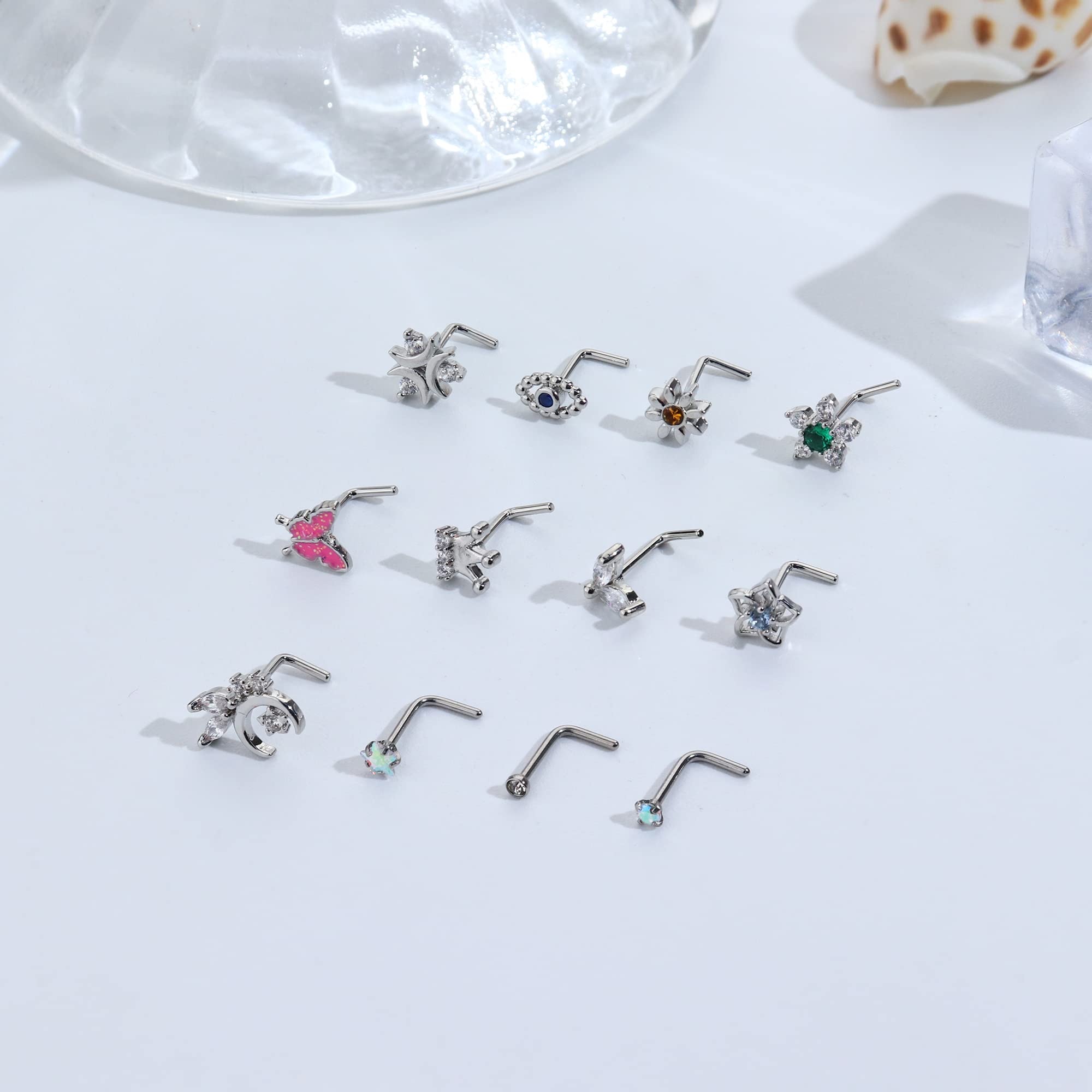 JOERICA 12 Pcs 20G Nose Ring Stud 316L Stainless Steel L Bone Shaped Nose Studs Butterfly Evil Eye Flower CZ Nose Stud for Women Men Nose Piercing Jewelry