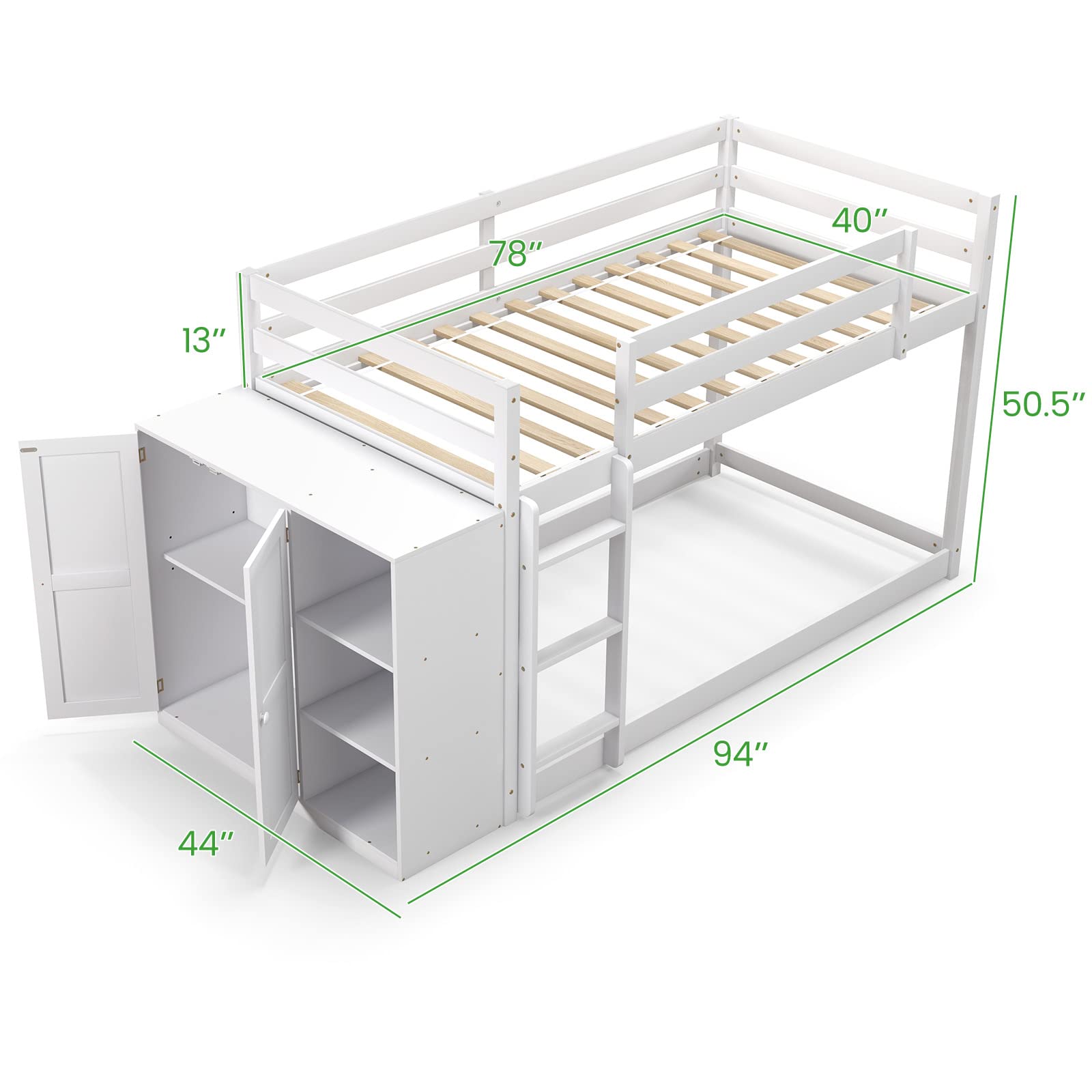 Giantex Twin Over Twin Bunk Bed with Storage Shelves, Solid Wood Bunk Bed Frame with Convertible Bookcase & Ladder, Floor Low Bunk Bed with High Guardrails for Kids Teens, No Box Spring Needed, White