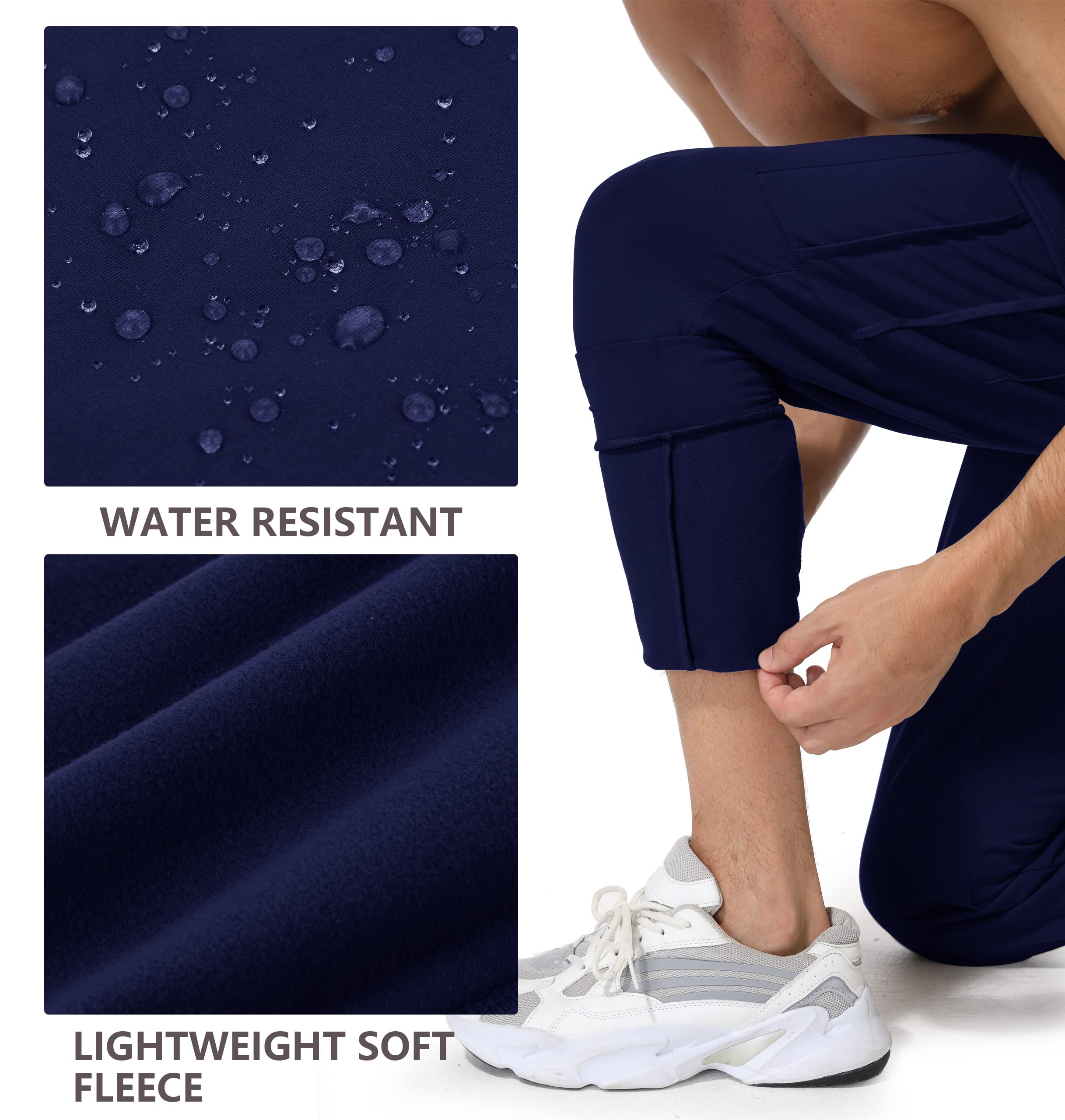 HARTPOR Men's Fleece Lined Sweatpants Water Resistant Joggers Cargo Pants Winter Hiking Athletic Workout Thermal Warm Pants with Pockets, Navy L
