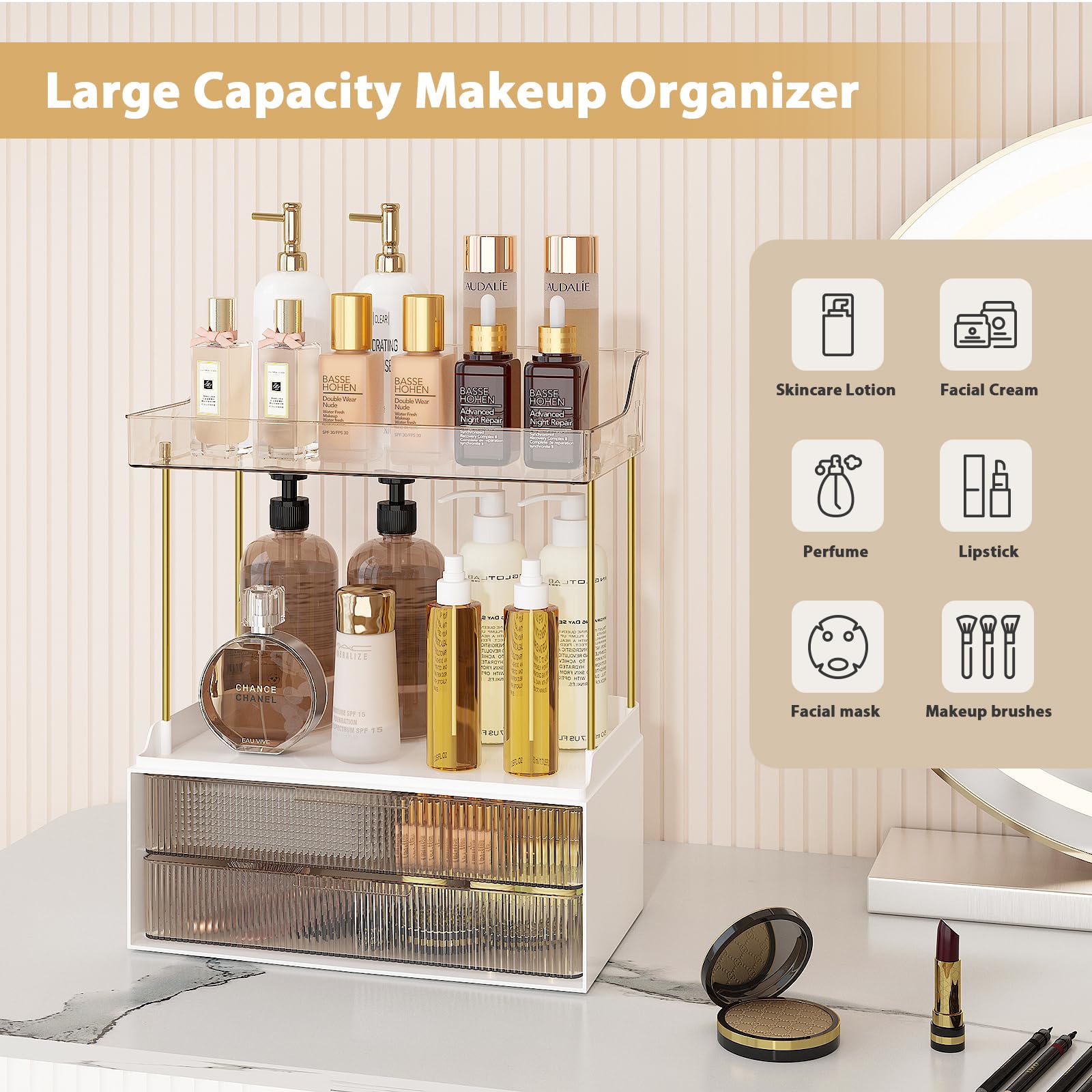 Webetop Bathroom Counter Organizer, Large Makeup Organizer Countertop, Multi-Purpose Vanity Organizer Countertop with 2 Drawers for Storage, Cosmetics, Perfume, Toiletry (Amber)