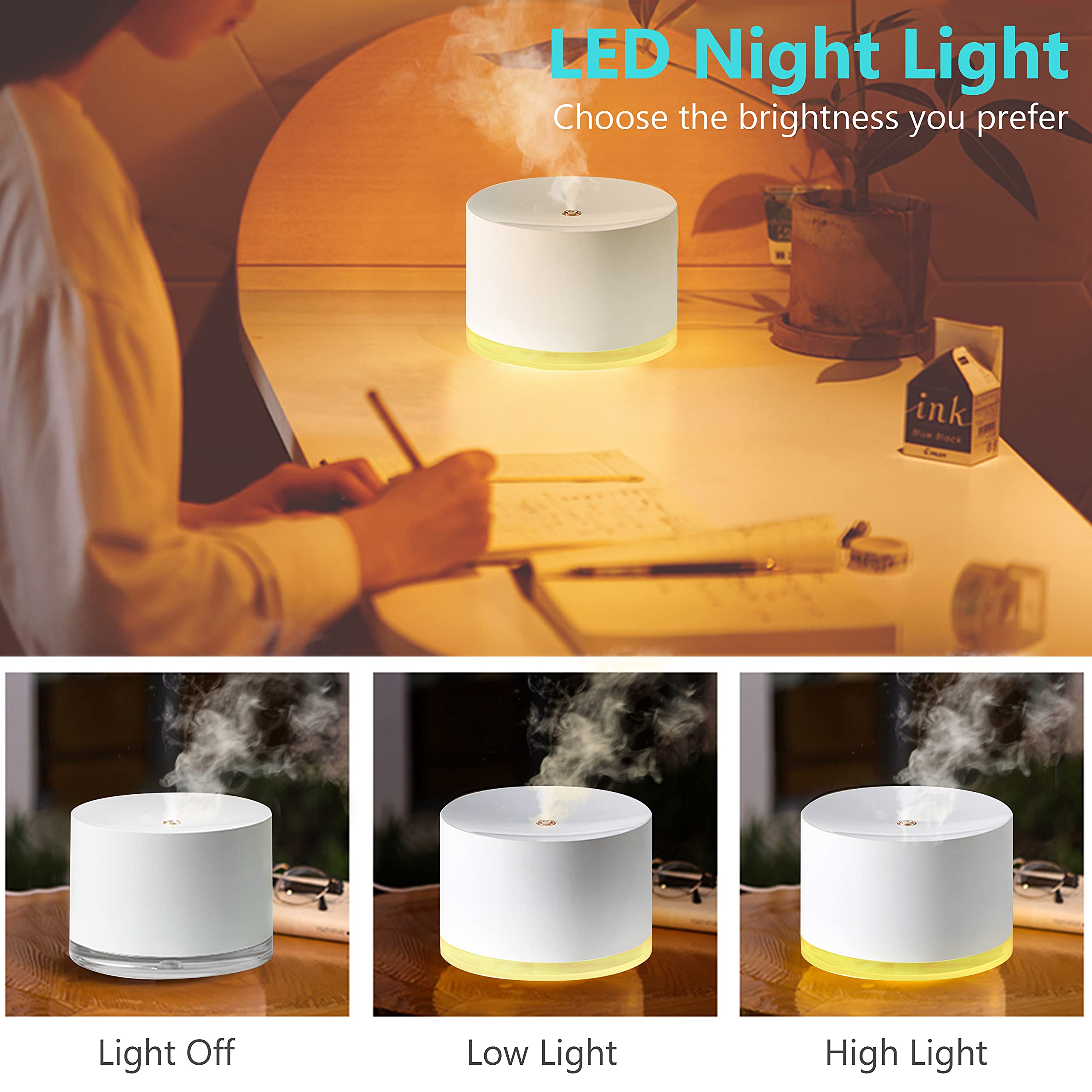 Humidifiers for Bedroom, USB Portable Desk Humidifier with LED Warm Night Light, Cool Mist Humidifiers 780ml Rechargeable with 2 Mist Modes, Auto Shut-Off for Home, Office, Car