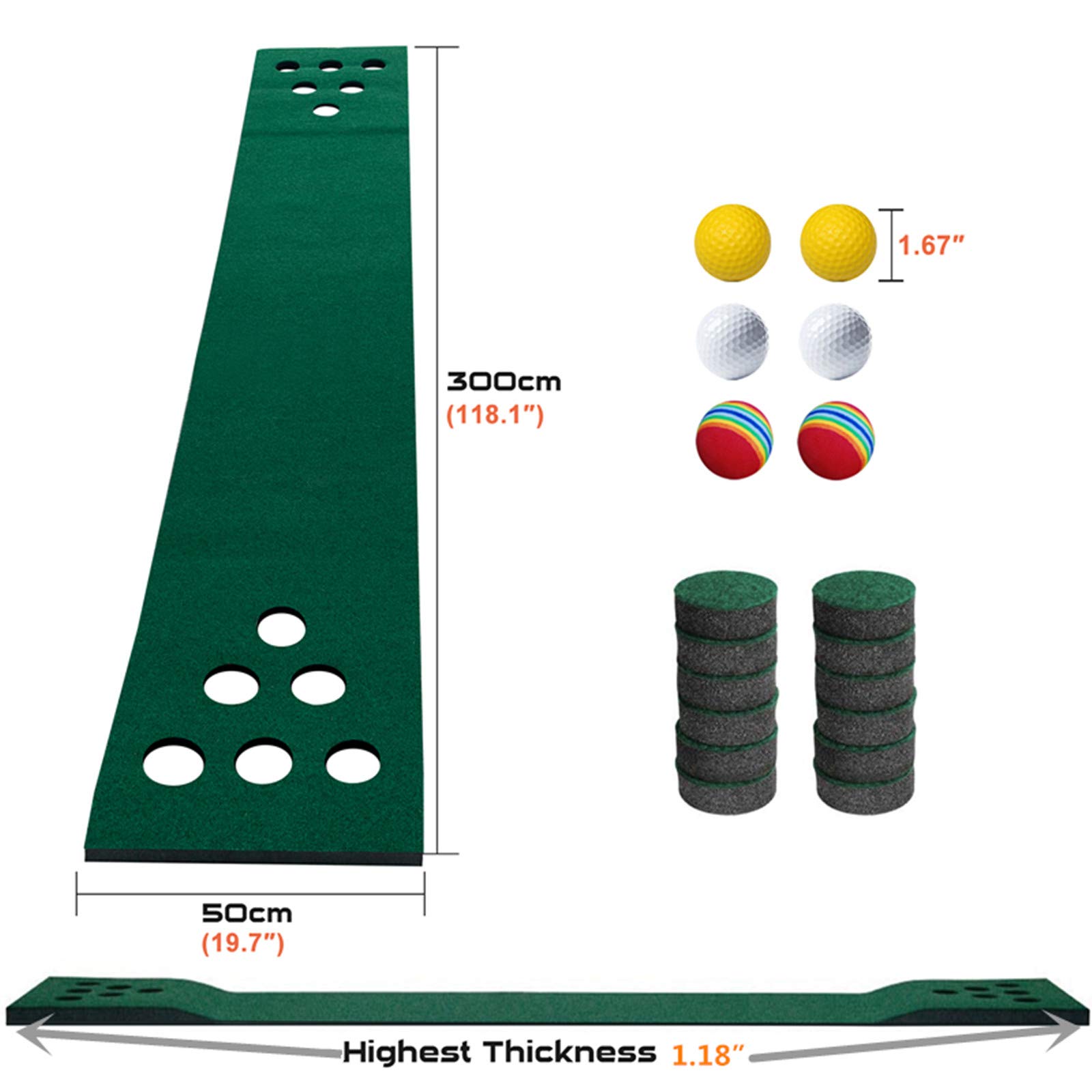 Golf Putting Green Mat, Home Golf Putting Mats, Foldable Golf Mat Golf Training Aid Practice Mat, Golf Putting Game Set with 6 Golf Balls 12 Hole Covers, Golf Gifts, 9.84ft x 1.64ft (Flannelette)