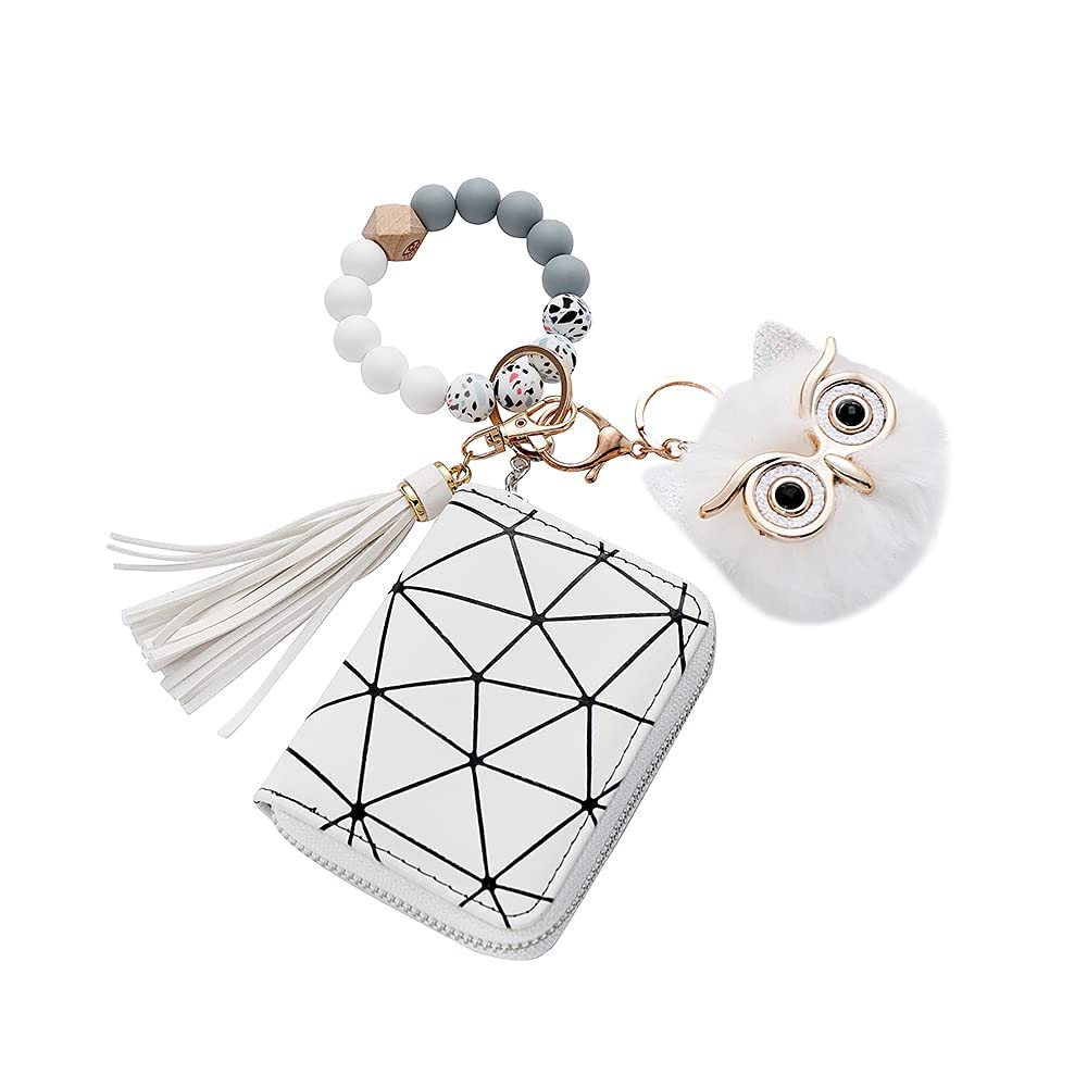 GYLBF Wristlet Keychain Bracelet Wallet, Silicone Beaded Bangle Keyring Tassel for Women, with Cute Owl Pom Pom Keychain, White