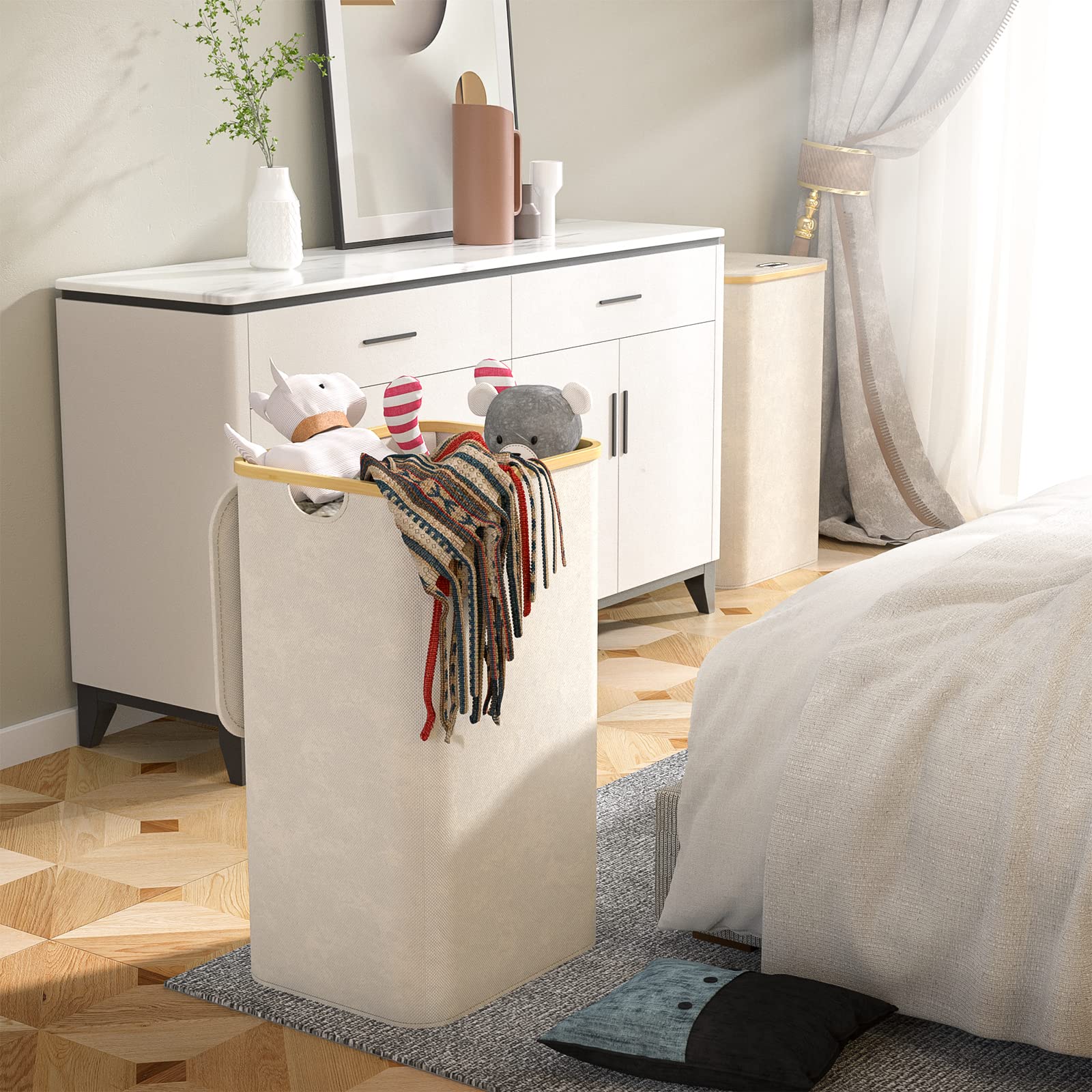 Homykic Laundry Hamper with Lid, 100L Tall Laundry Basket Collapsible with Bamboo Handles, Large Waterproof Laundry Bin Storage for Dorm, Bathroom, Bedroom, Clothing, Clothes, Toys, Cream White