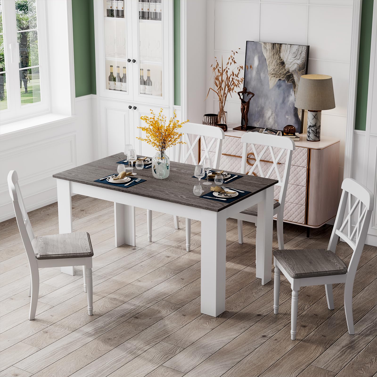 Giantex Wooden Dining Table, Modern Kitchen Table for 4, Rectangular Dinner Table for Kitchen, Dining Room, Living Room, Home Dinette Furniture, 47" L x 28" W x 30" H, (White & Dark Gray)