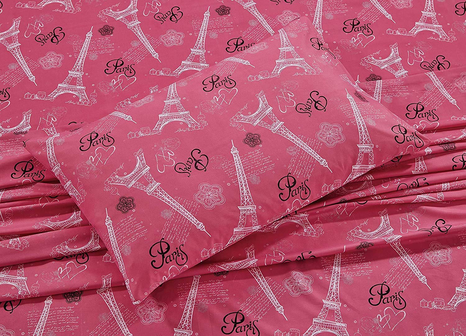 Home Collection Queen Size Comforter And Sheet Set Paris Eiffel Tower Hearts Flowers for Girls/Teens White Pink Black Pink/ White New