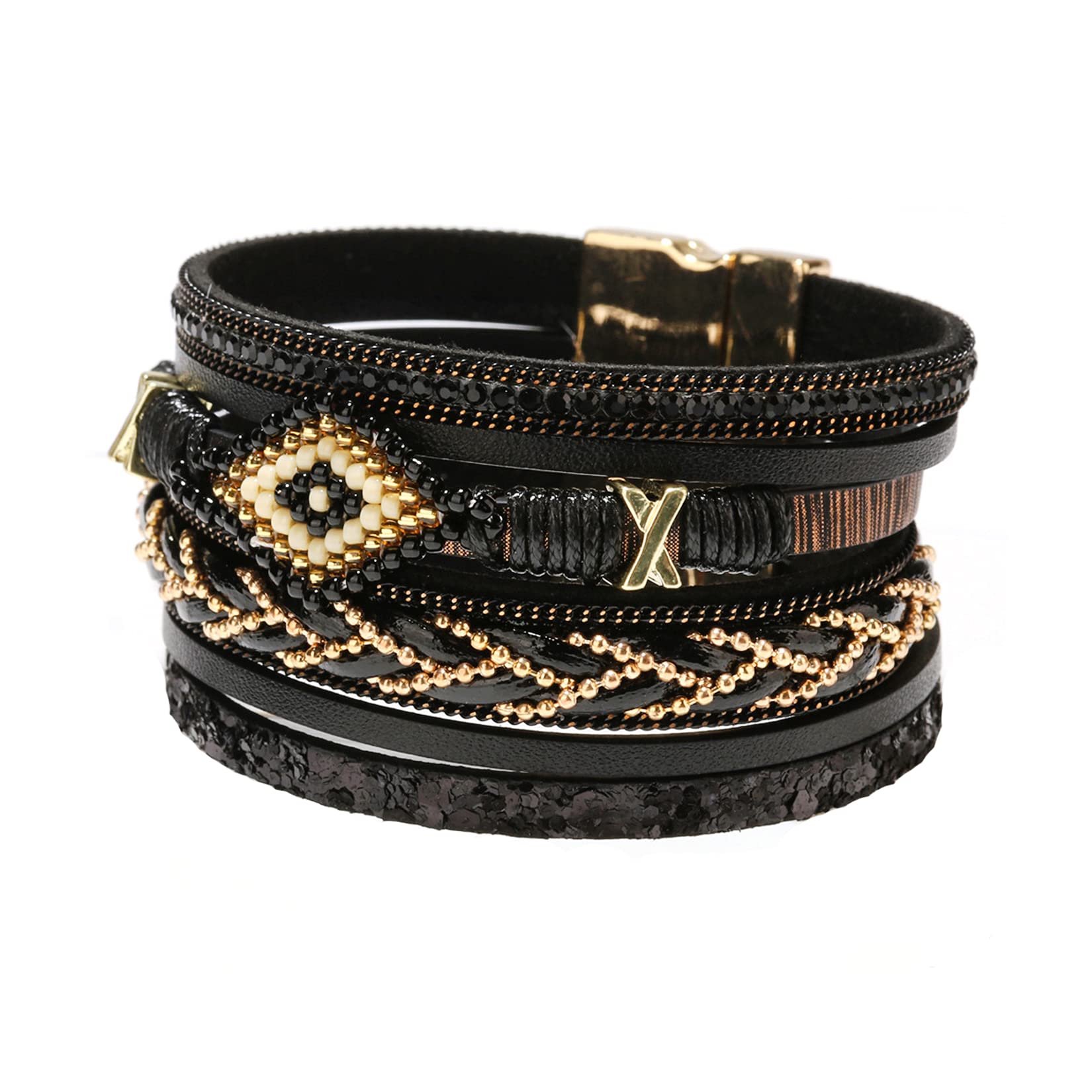 Kar Nann Ethnic Bohemian Leather Bracelet Layered Leather Bracelet Jewelry Hand-Woven Khaki Leather Bangle Gift For Women&Men