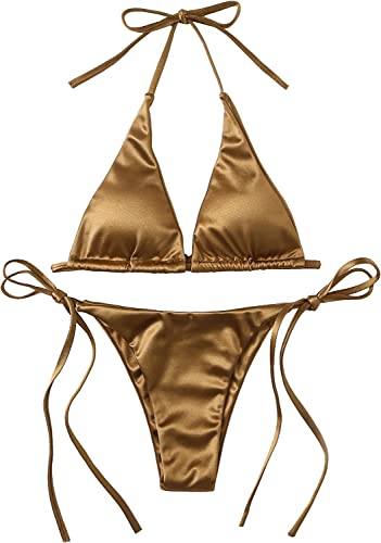 Glod Women's Metallic Halter Top Two Piece Swimsuit Tie Padded Side Bottom Triangle Sexy Bikini Bathing Suit Thong Swimsuits with String(Glod-Medium)