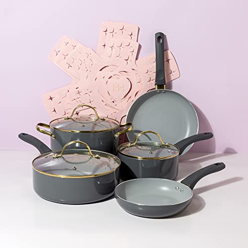 Paris Hilton Epic Nonstick Pots and Pans Set, Multi-layer Nonstick Coating, Tempered Glass Lids, Soft Touch, Stay Cool Handles, Made without PFOA, Dishwasher Safe Cookware Set, 12-Piece, Charcoal Gray