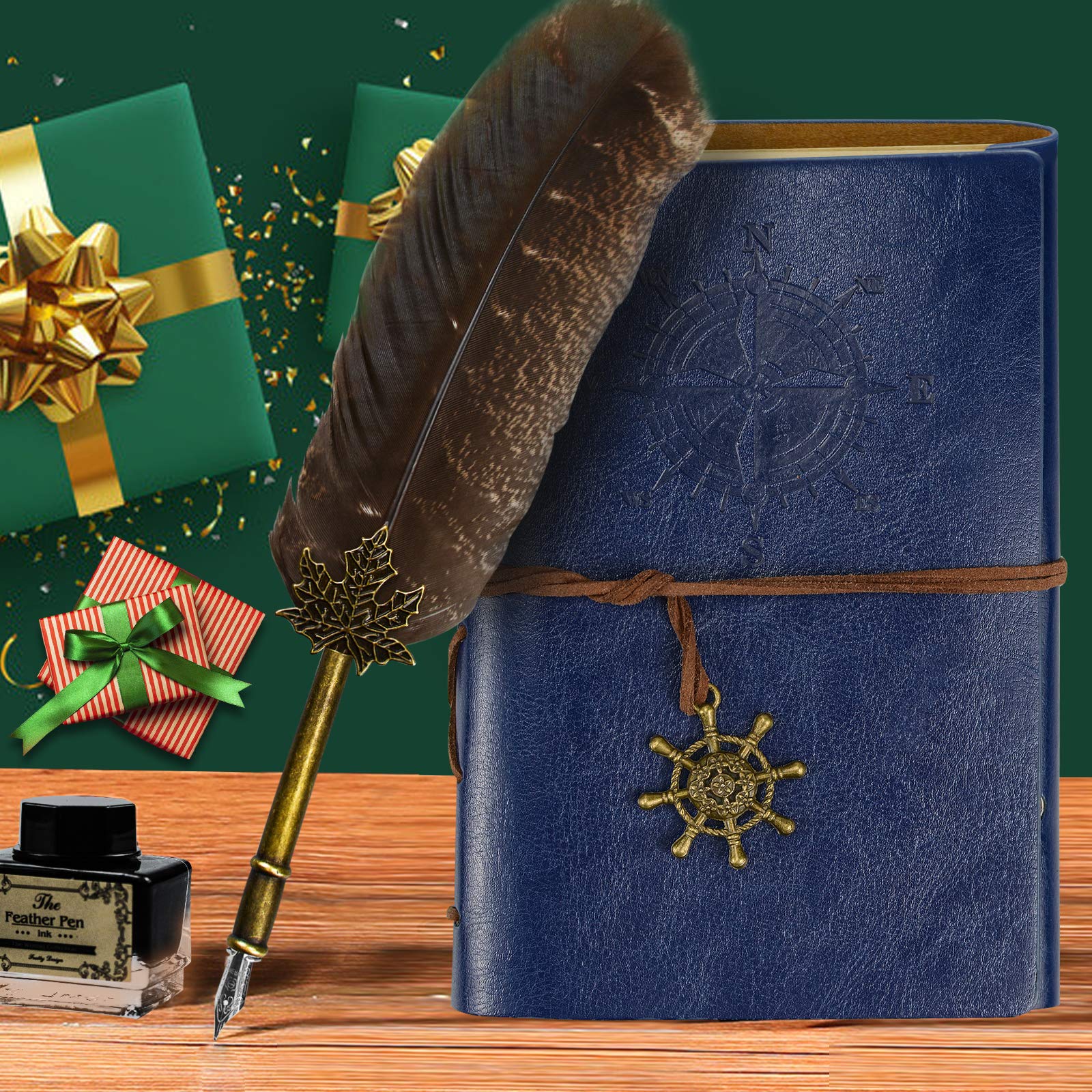 GloDeals Quill Pen Feather Pen Set, Calligraphy Pen Antique Writing Dip Pen Ink and Quill Set with the Ink in Bottle Leather Journal Notebook