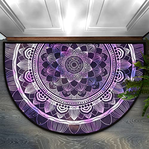 Pardick Boho Ethnic Flower Half Round Door Mat, Purple Non-Slip Half Circle Area Rug Doormat Absorbent Half Moon Rug for Indoor Outdoor Kitchen Bedroom Home Decor