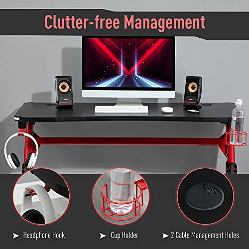 HOMCOM 43in Gaming Desk with RGB LED Lights Racing Style Gaming Table with Cup Holder & Cable Management, Red