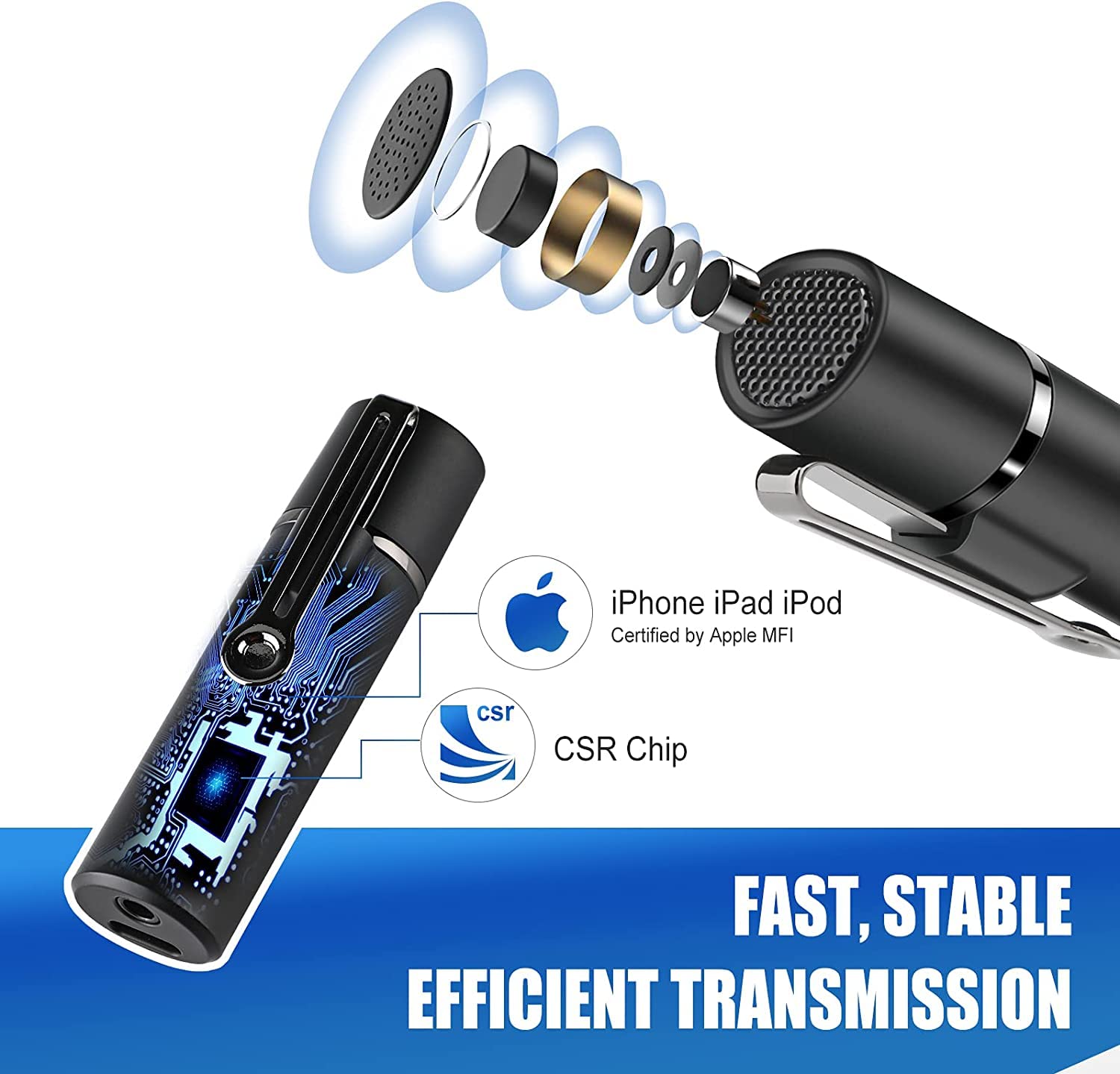Kinikiss Wireless Lavalier Microphone,48KHz Bluetooth Microphone Noise Reduction Lapel Clip-on Mic for iPhone Android Smartphone, Recording YouTube Video Vlog Interview Auto Transcription/Auto Sync