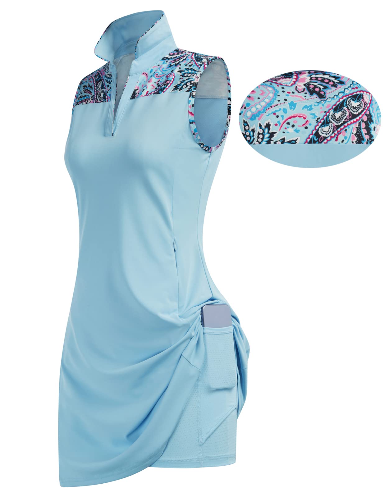 JACK SMITH Womens Golf Dress Breathable Quick Dry Tennis Exercise Dresses with Pockets UV Protection(Light Blue+Paisley,M)