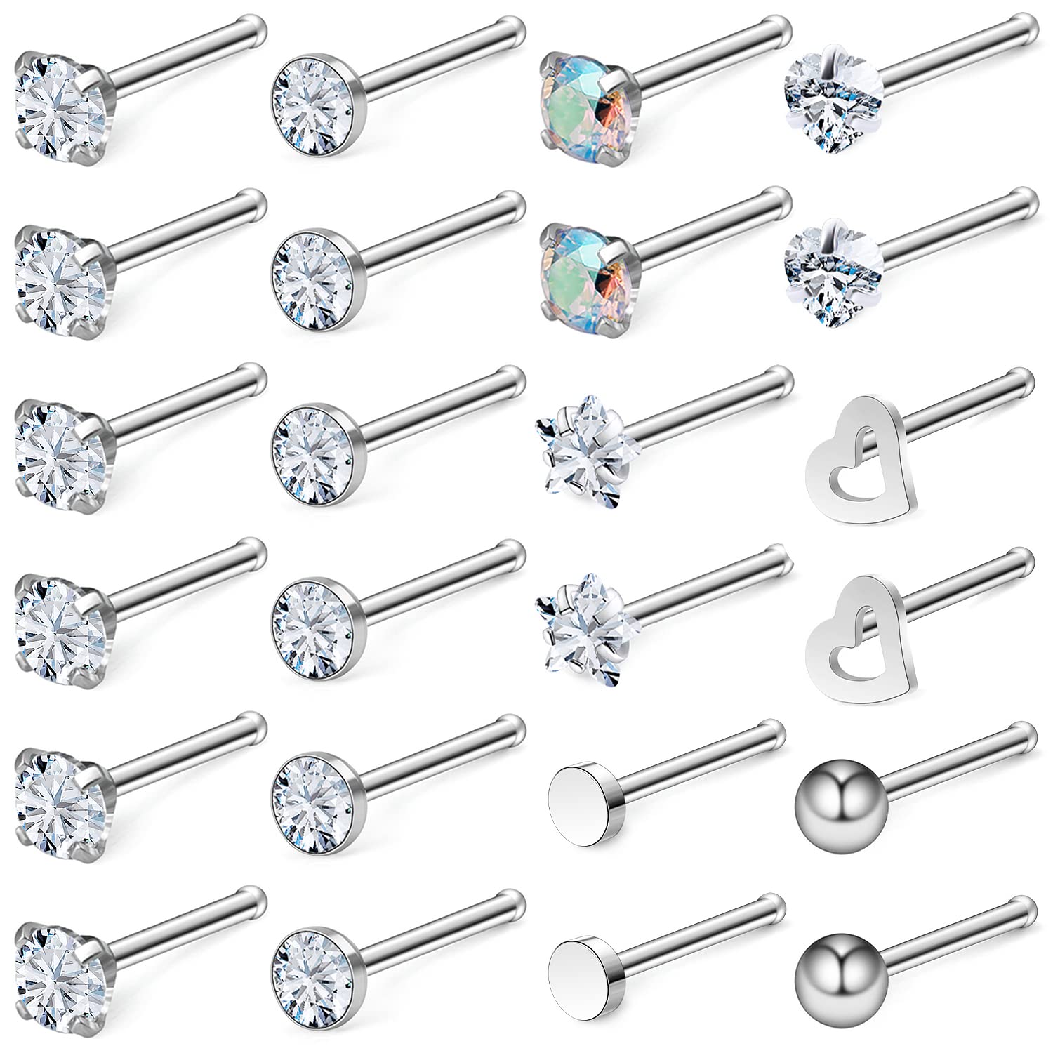 Kridzisw 18G Nose Rings Studs Piercing Jewelry for Women Stainless Surgical Steel Diamond Hypoallergenic Straight Stud Nose Nostril Ring Pin Bone Piercing Jewelry Pack Set for Women Men CZ Silver 3mm