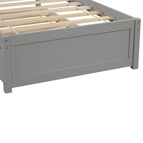 GINGVAT Twin Size Platform Bed with Trundle, Wooden Bedframe Frniture, Gray