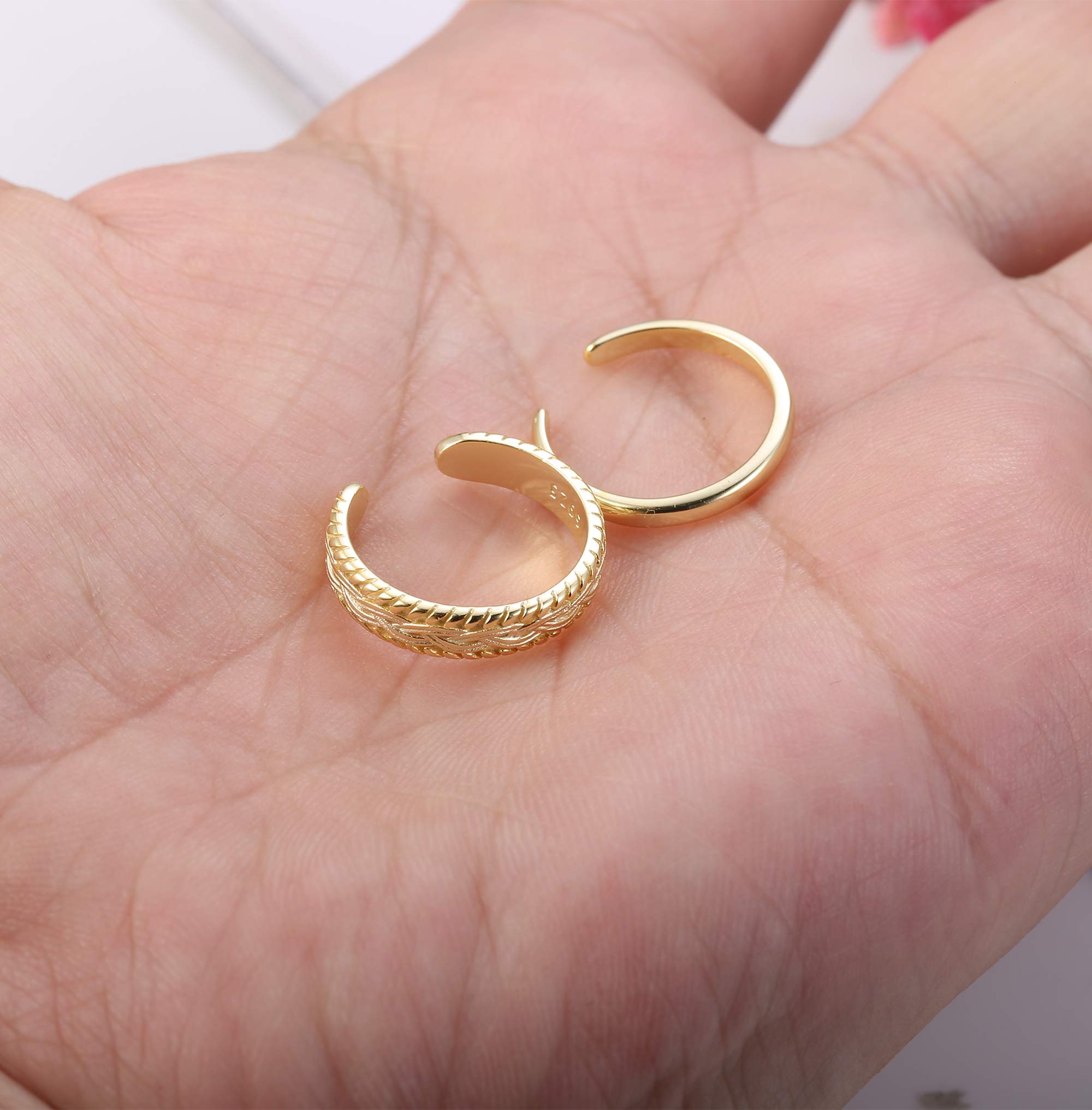 FUNRUN JEWELRY 2 PCS Sterling Silver Toe Ring for Women Girls Retro Vintage Design Adjustable Ring Set (B:18K Gold Plated)