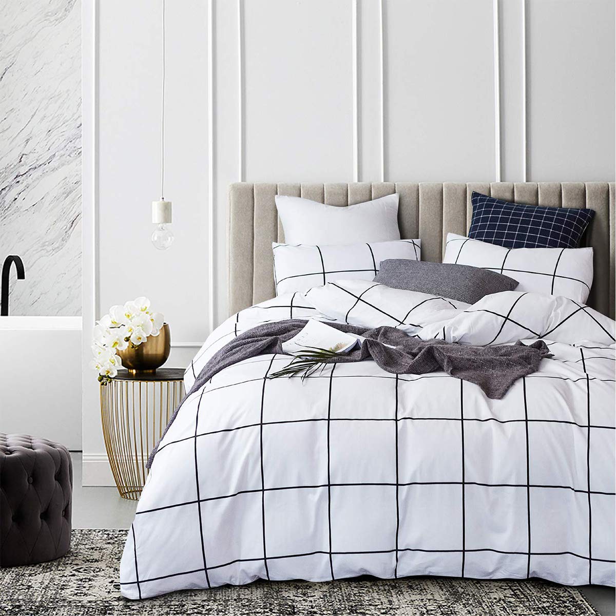 Wellboo White Plaid Duvet Cover Set Queen Size Black and White Grid Bedding Cover Cotton Modern Large Plaid Checkered Quilt Covers Soft Durable Buffalo Plaid Geometric Duvet Covers Breathable 3 Pieces