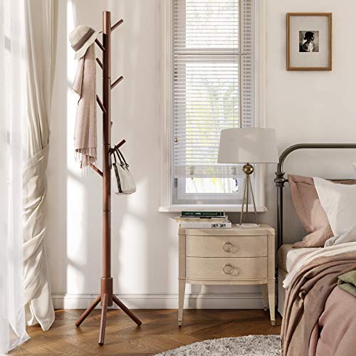 VASAGLE Solid Wood Coat Rack, Free Standing Coat Rack, Tree-Shaped Coat Rack with 8 Hooks, 3 Height Options, for Clothes, Hats, Bags, for Living Room, Bedroom, Home Office, Dark Walnut URCR04WN