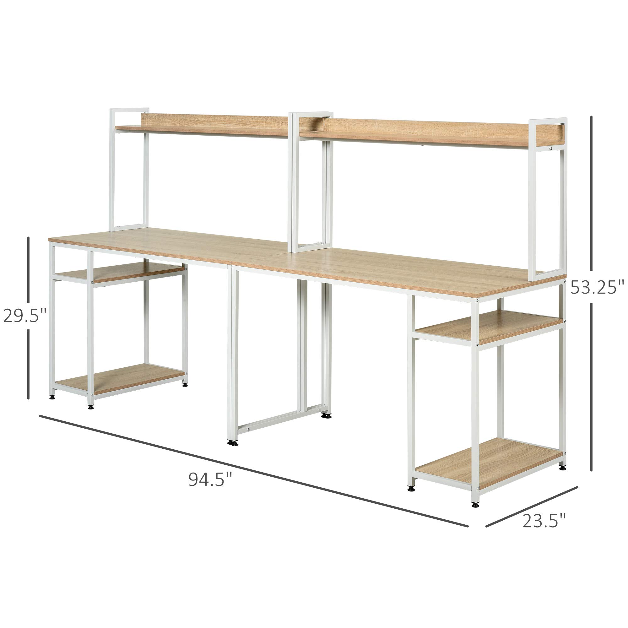 HOMCOM 94.5in Industrial Double Computer Desk with Hutch and Storage Shelves, Extra Long Two Person Home Office Desk, Writing Table Workstation for 2 People with CPU Stand, Oak Wood Grain