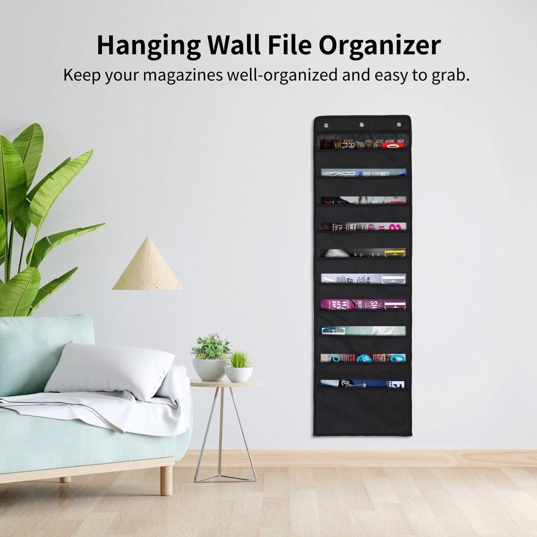 Homaisson 4 Packs Hanging Wall File Organizers with 12pcs Metal Hooks, Heavy-Duty 600D Oxford Storage Pocket Charts, Wall Hanging File Folders with 40 Pockets, Overdoor Magazine Hangers
