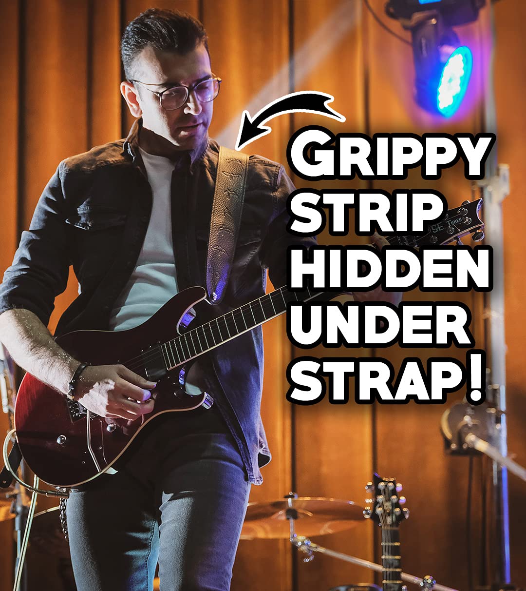 Guitar Gummy™ The ORIGINAL Guitar Strap Non Slip Grip Strip Pad; Prevent Neck Dive - SET of 4 PIECES; Large Black (Black)