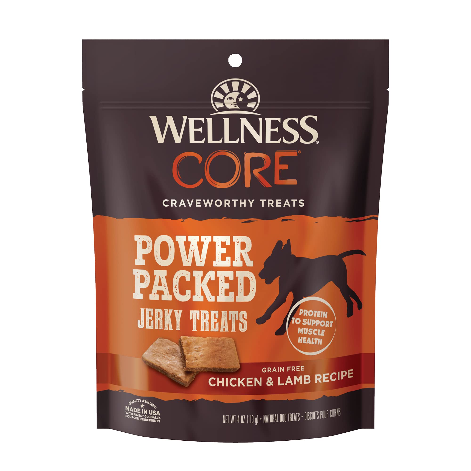 Wellness CORE Power Packed Dog Treats, Grain-Free Tender Jerky Treats, Made in USA (Chicken & Lamb Recipe, 4-Ounce Bag)