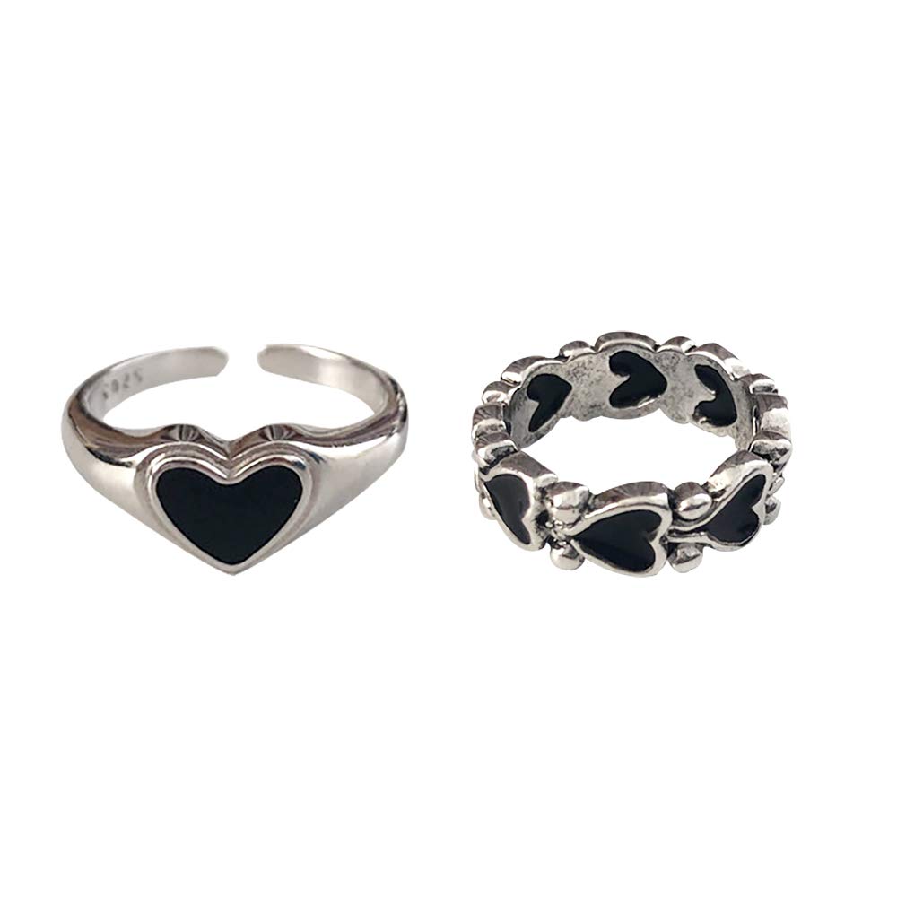 Gothic Vintage Ring Set Y2k Black Heart Stackable Retro Punk Open Knuckle Finger Ring for Women Girls