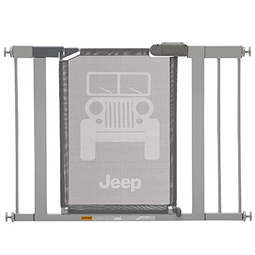 Jeep Adjustable Baby and Pet Safety Gate by Delta Children | Easy Fit | Pressure Mount | Design with WalkThrough Door โ Fits Openings Between 28.5-40 Inches Wide, Grey