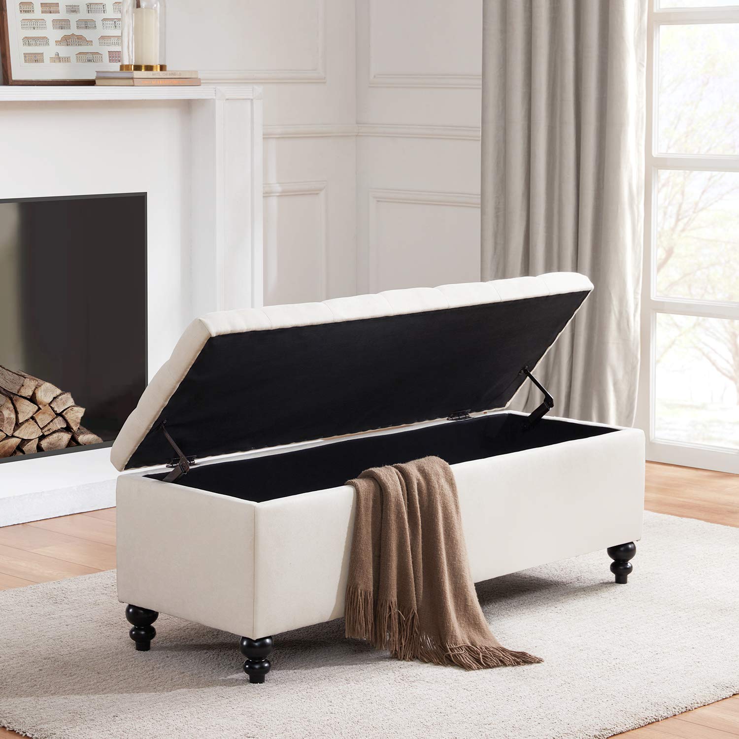 HUIMO Button-Tufted Ottoman with Storage in Upholstered Fabrics, Large Storage Bench for Bedroom, Living Room, Entryway, Storage Ottoman Bench with Safety Hinge Hold Up to 300lbs (Ivory)