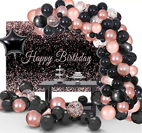 Toylin Rose Gold Black Birthday Decorations, 100 pcs Black Rose Gold Birthday Balloons Photography Backdrop Banner for Boys Girls Men Women Birthday Party Decorations Supplies
