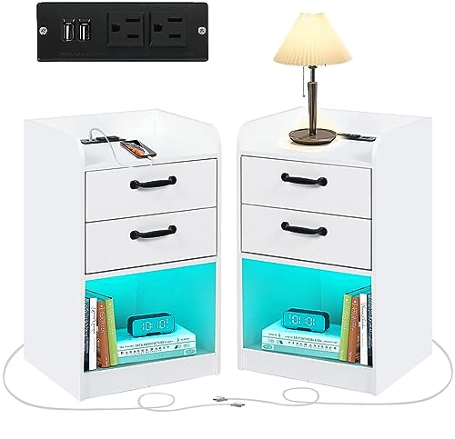 White Nightstand Set of 2 with Charging Station and LED Lights, Modern End Side Table with 2 Drawers and Open Storage for Living Room, Night Stands for Bedrooms Set of 2 White