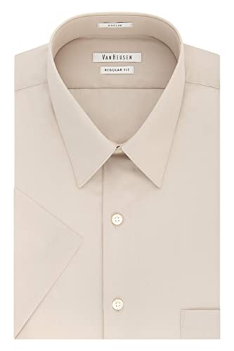 Van Heusen Men's Short Sleeve Dress Shirt Regular Fit Poplin Solid, Stone, 18.5" Neck
