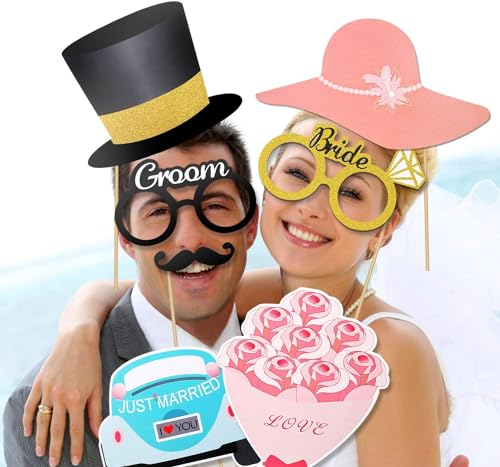 Wedding Photo Booth Props Kit, Konsait Bridal Shower Photo Booth Prop with Wooden Dowels for Wedding Shower Party Supplies (52 Counts)