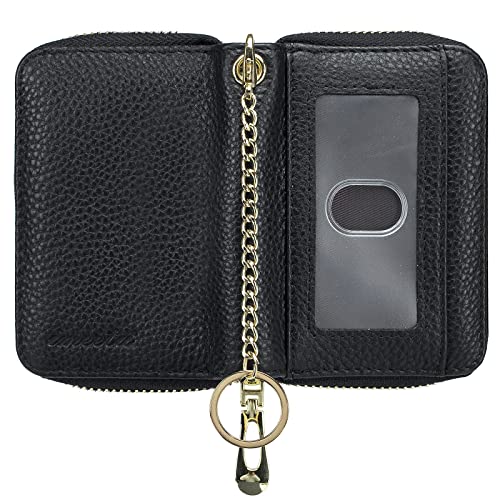 imeetu RFID Credit Card Wallet, Genuine Leather Zipper Card Case Holder with Removable Keychain(Black)