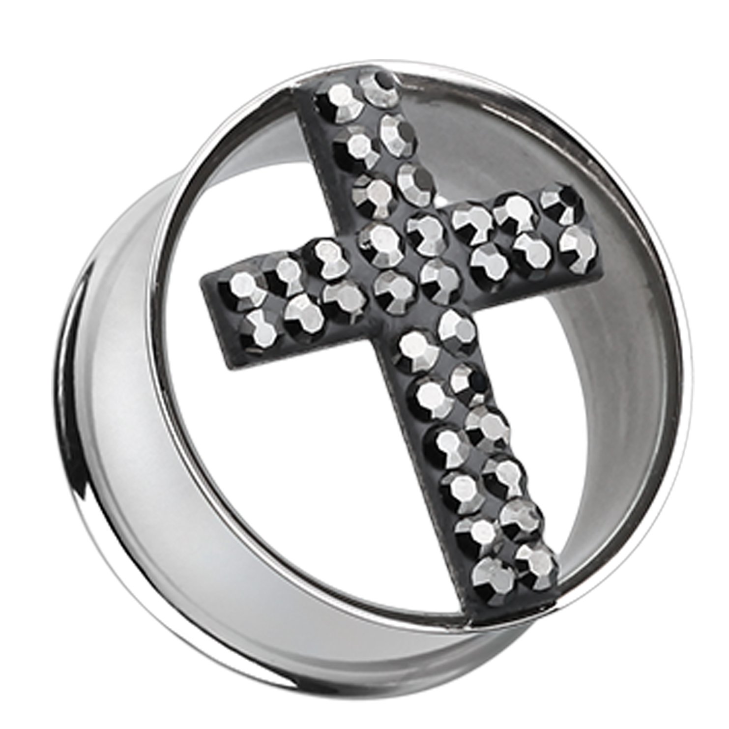 Glistening Cross Sparkling Tunnel Ear Gauge Plug - 00 GA (10mm) - Black - Sold as a Pair