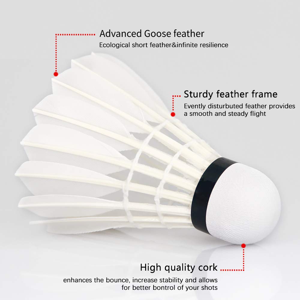 Goose Feather Badminton Shuttlecocks Balls, RAHVISH 12-Packs Advanced White Birdies Shuttlecock with Stability and Durability High Speed Flight, Training Badminton Balls for Indoor Outdoor Sport