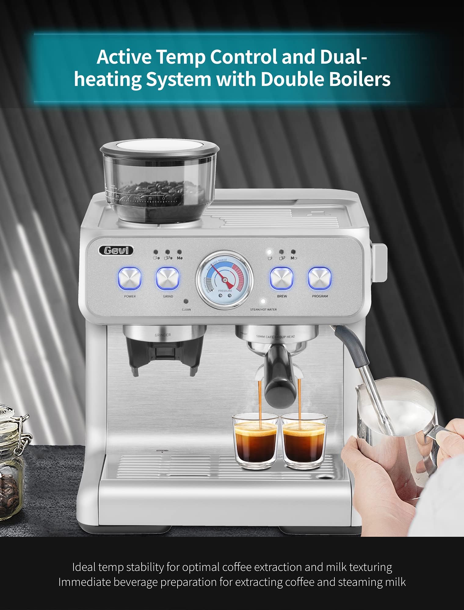 Gevi 20Bar Semi Automatic Espresso Machine With Grinder & Steam Wand – All in One Espresso Maker & Latte Machine for Home Dual Heating System