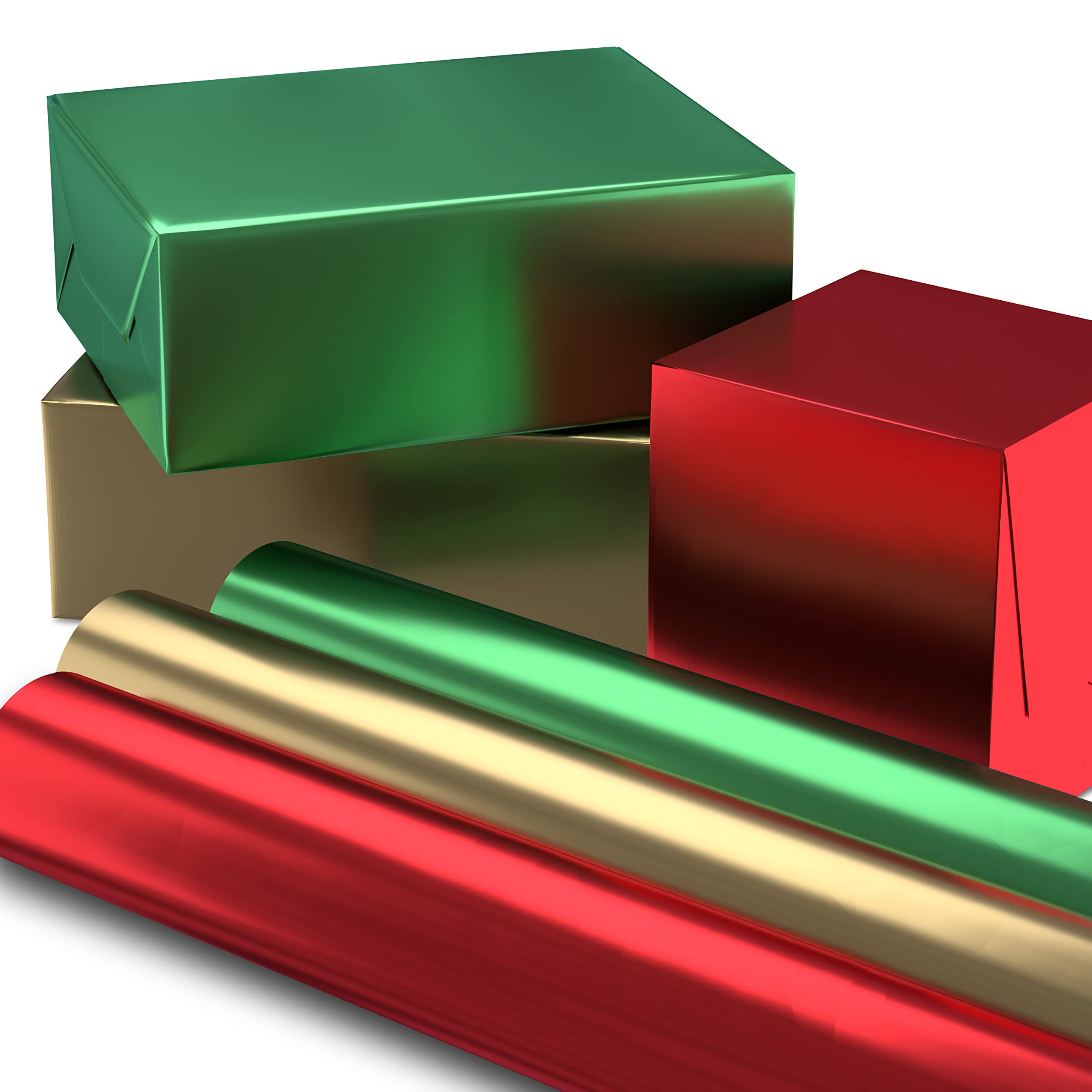 Hallmark Foil Wrapping Paper with Cut Lines on Reverse (3 Rolls: 60 sq. ft. ttl) Solid Red, Green, Gold for Winter Weddings, Birthdays, Valentine's Day
